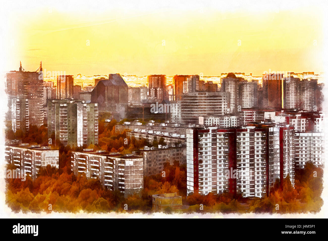 Colorful painting of apartment buildings at night, Moscow, Russia Stock ...