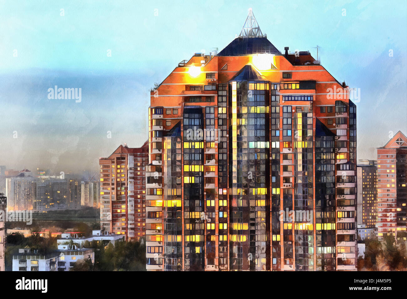 Colorful painting of apartment buildings at night, Moscow, Russia Stock ...
