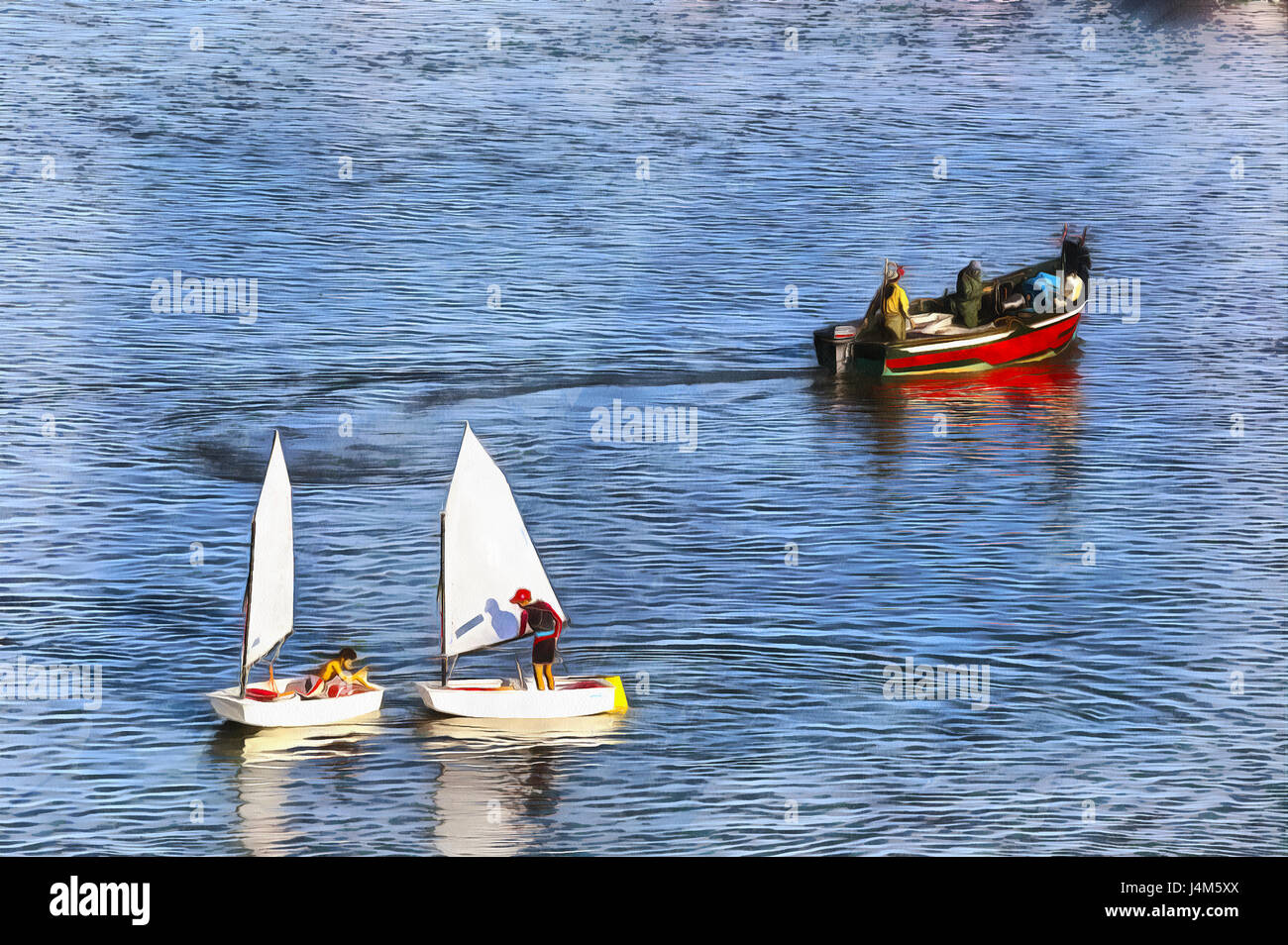 Colorful painting of small yachts and motorboat at the sea Stock Photo ...