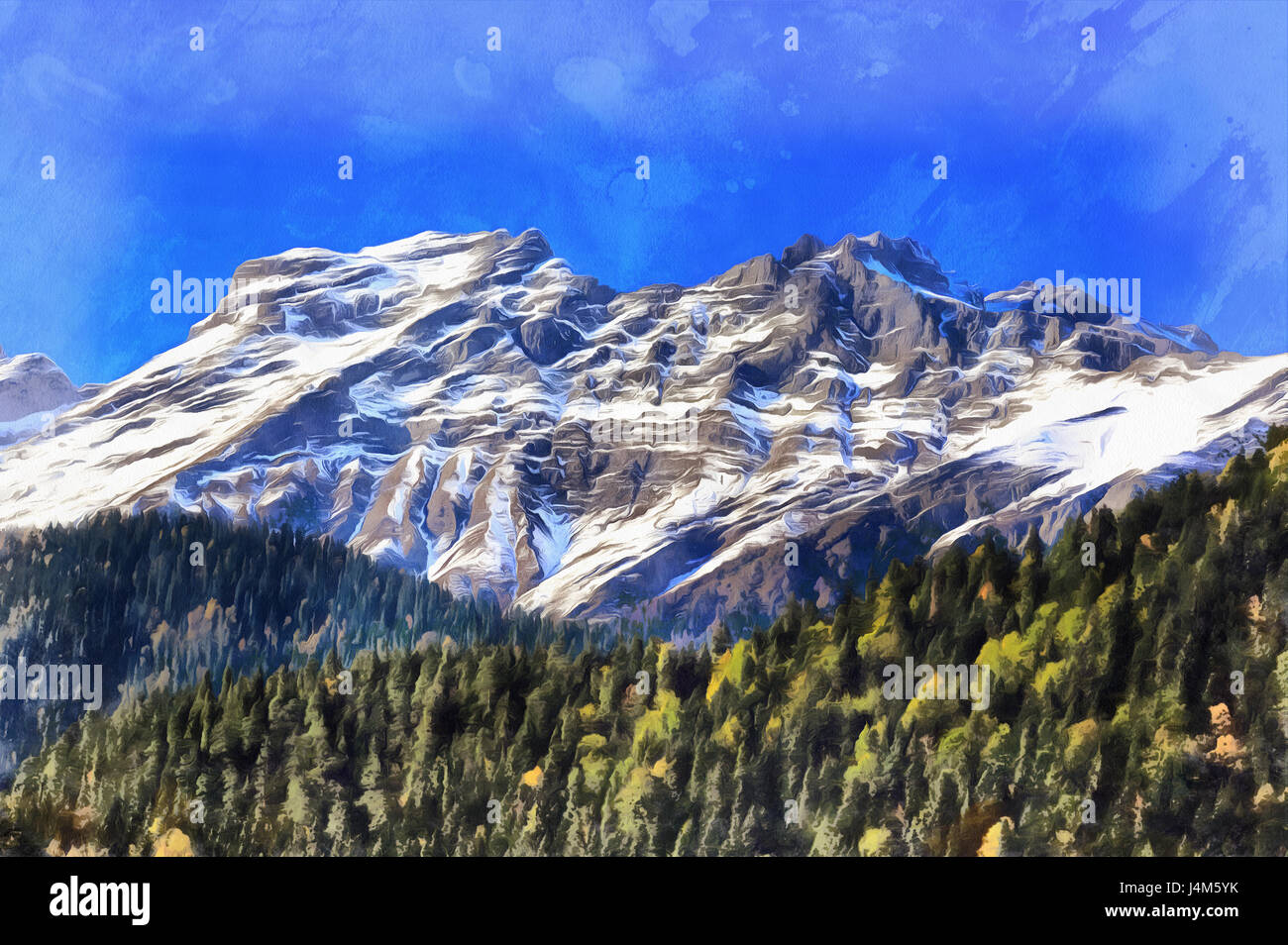 Colorful painting of Caucasus mountains, Abkhazia, Georgia Stock Photo ...