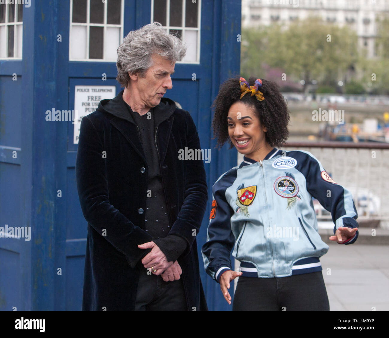 Peter Capaldi, in costume as Dr. Who, and Pearl Mackie as new companion ...