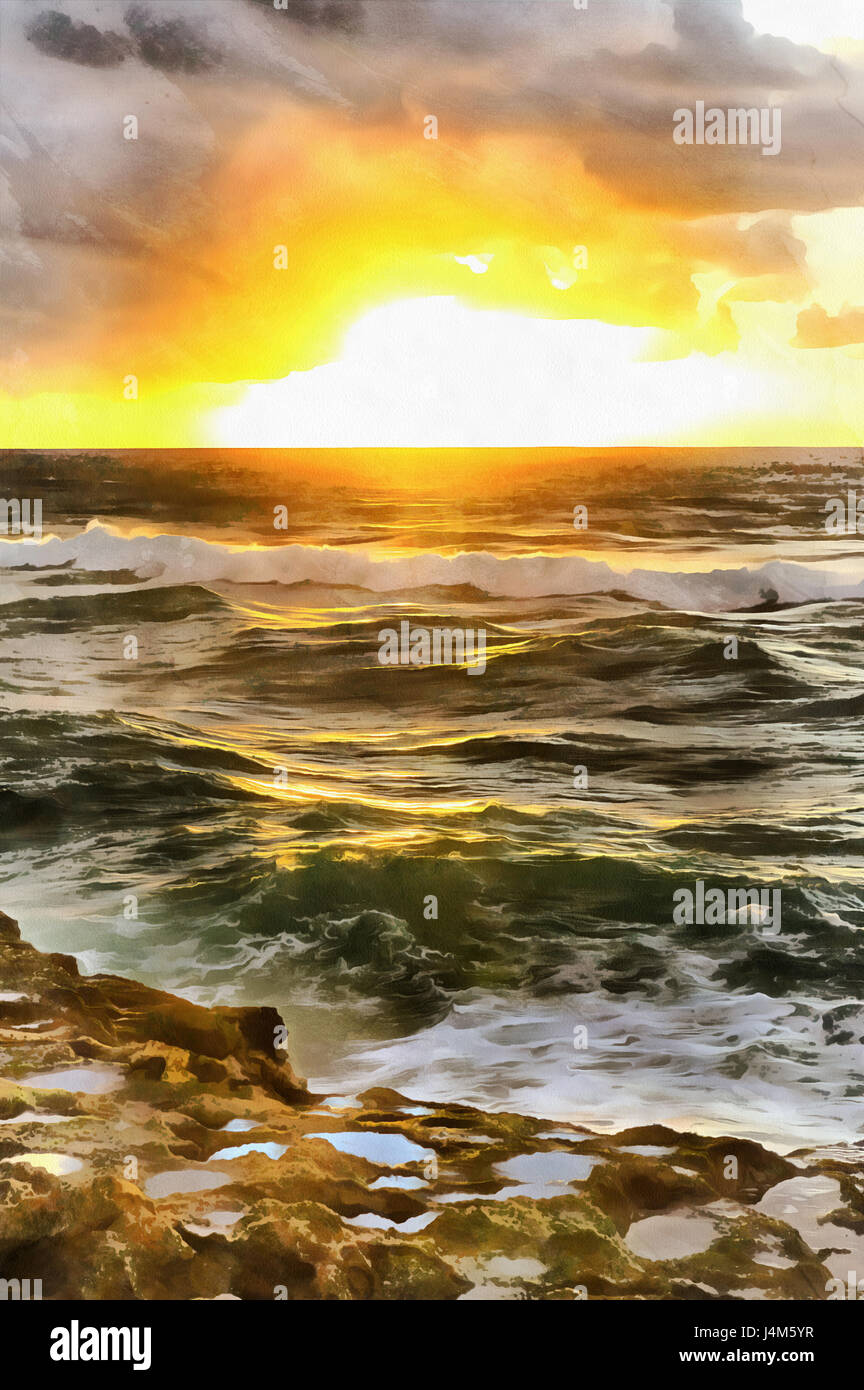 Sunset over Atlantic ocean shore colorful painting Stock Photo - Alamy