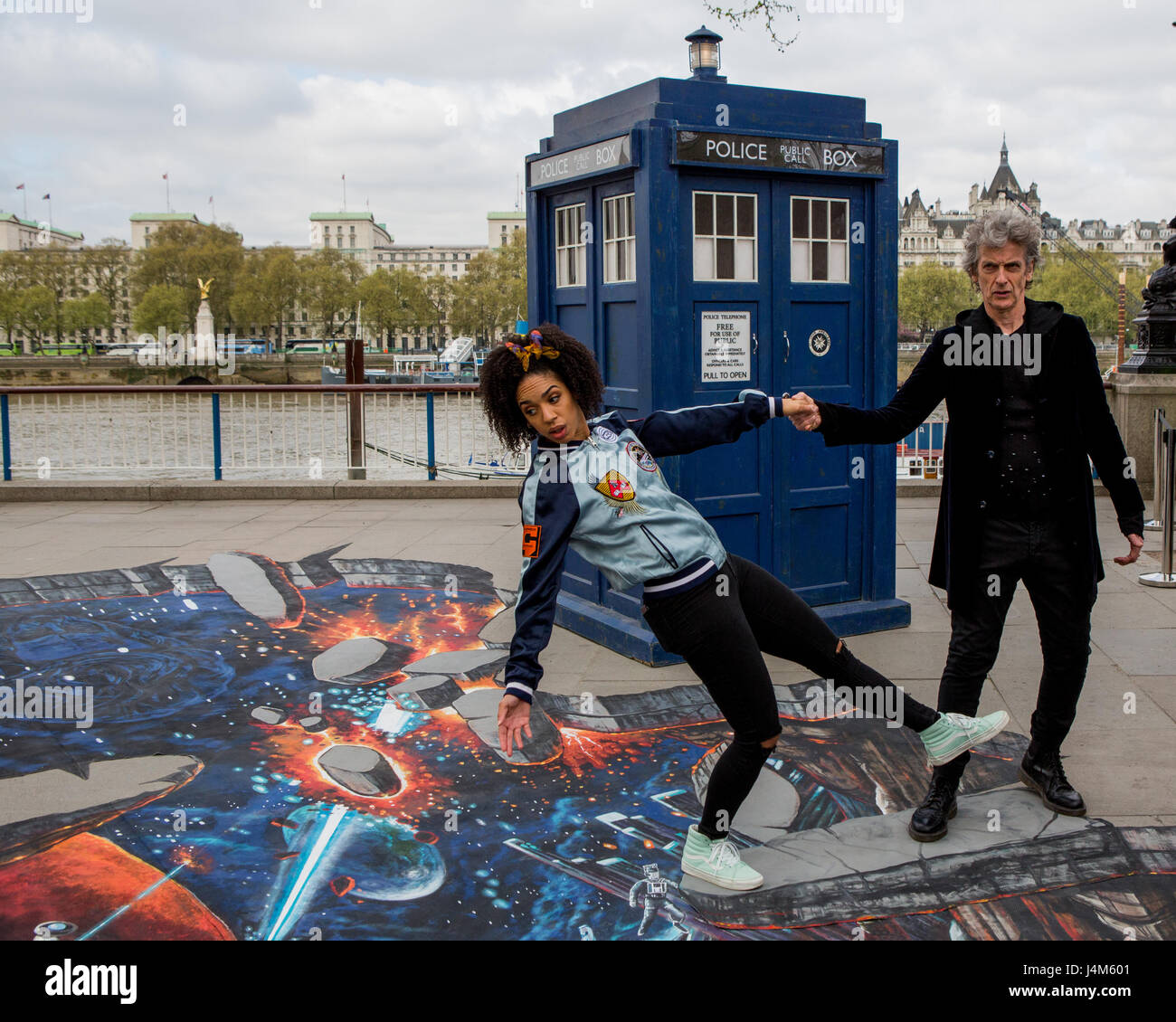 Peter Capaldi, in costume as Dr. Who, and Pearl Mackie as new companion ...