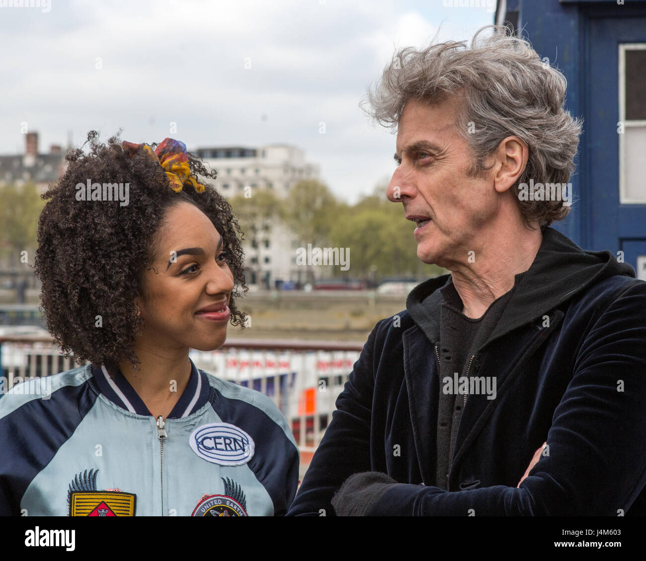 Peter Capaldi, in costume as Dr. Who, and Pearl Mackie as new companion ...