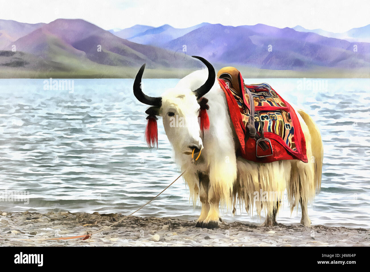 Colorful painting of domestic yak portrait on Nantso Lake background ...