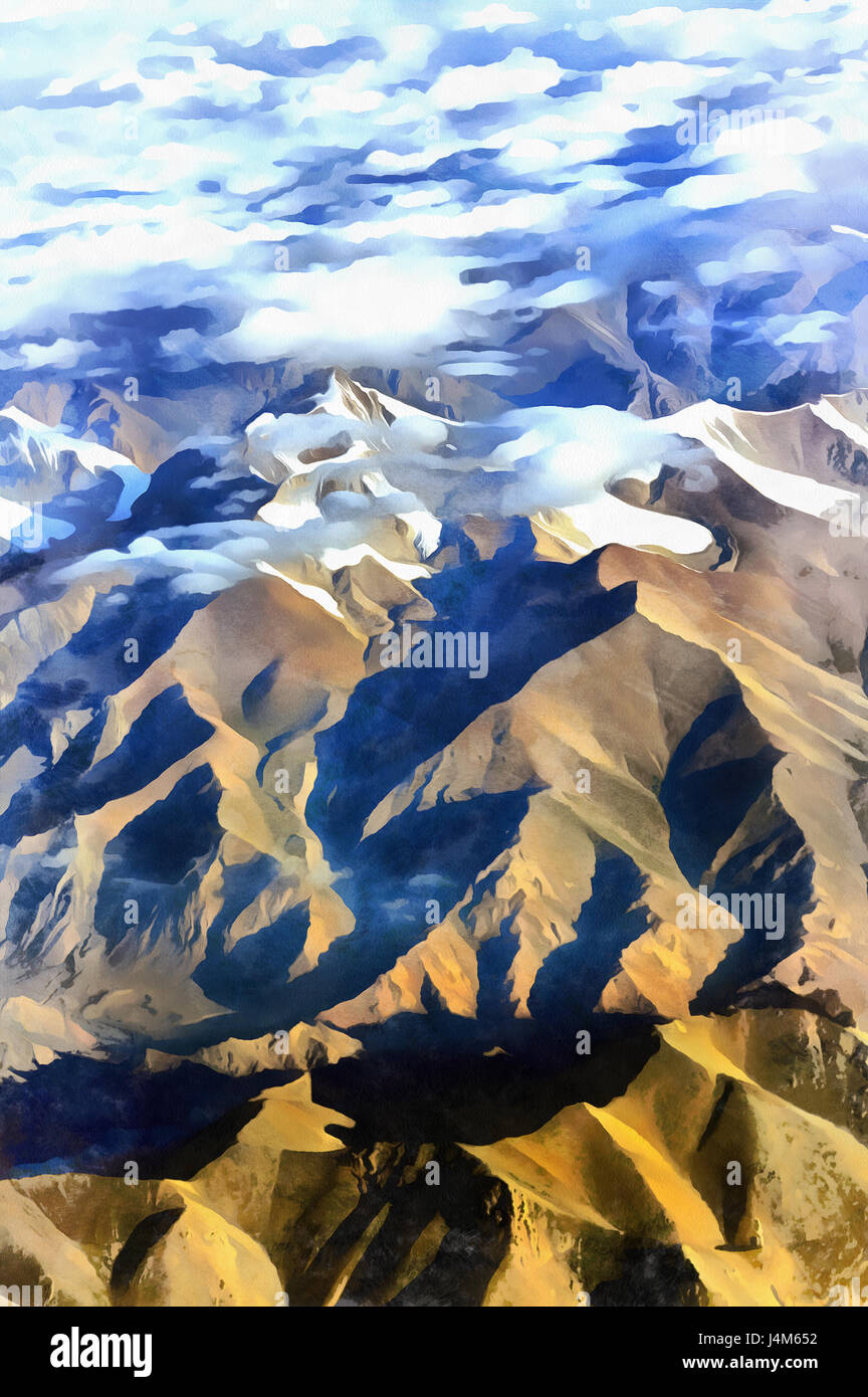 Mountain scape aerial view colorful painting, Xinjiang Uyghur ...