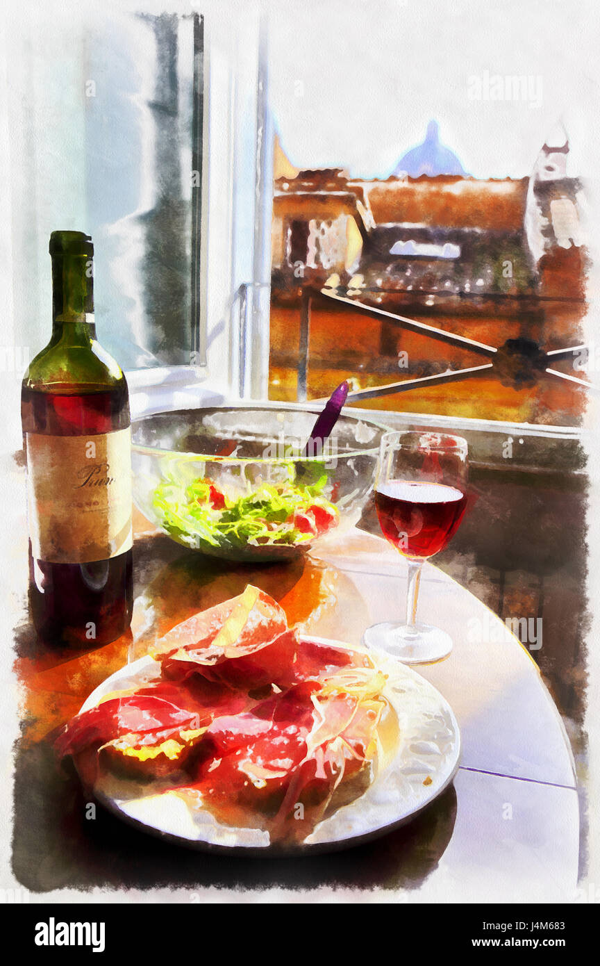 Colorful painting of italian dinner, Rome, Italy Stock Photo - Alamy