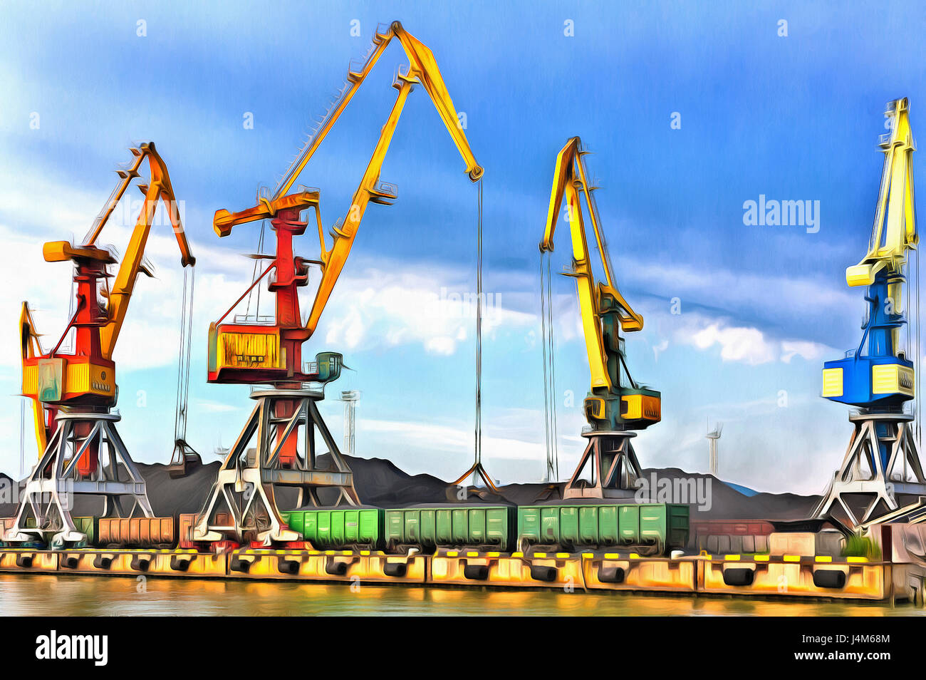 Colorful painting of cargo terminals Baltic Sea port Ventspils Stock ...