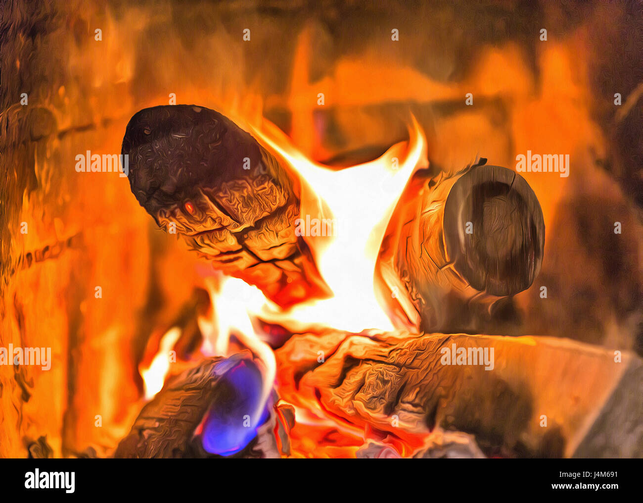 Colorful painting of firewood burning in fireplace interior fire red ...