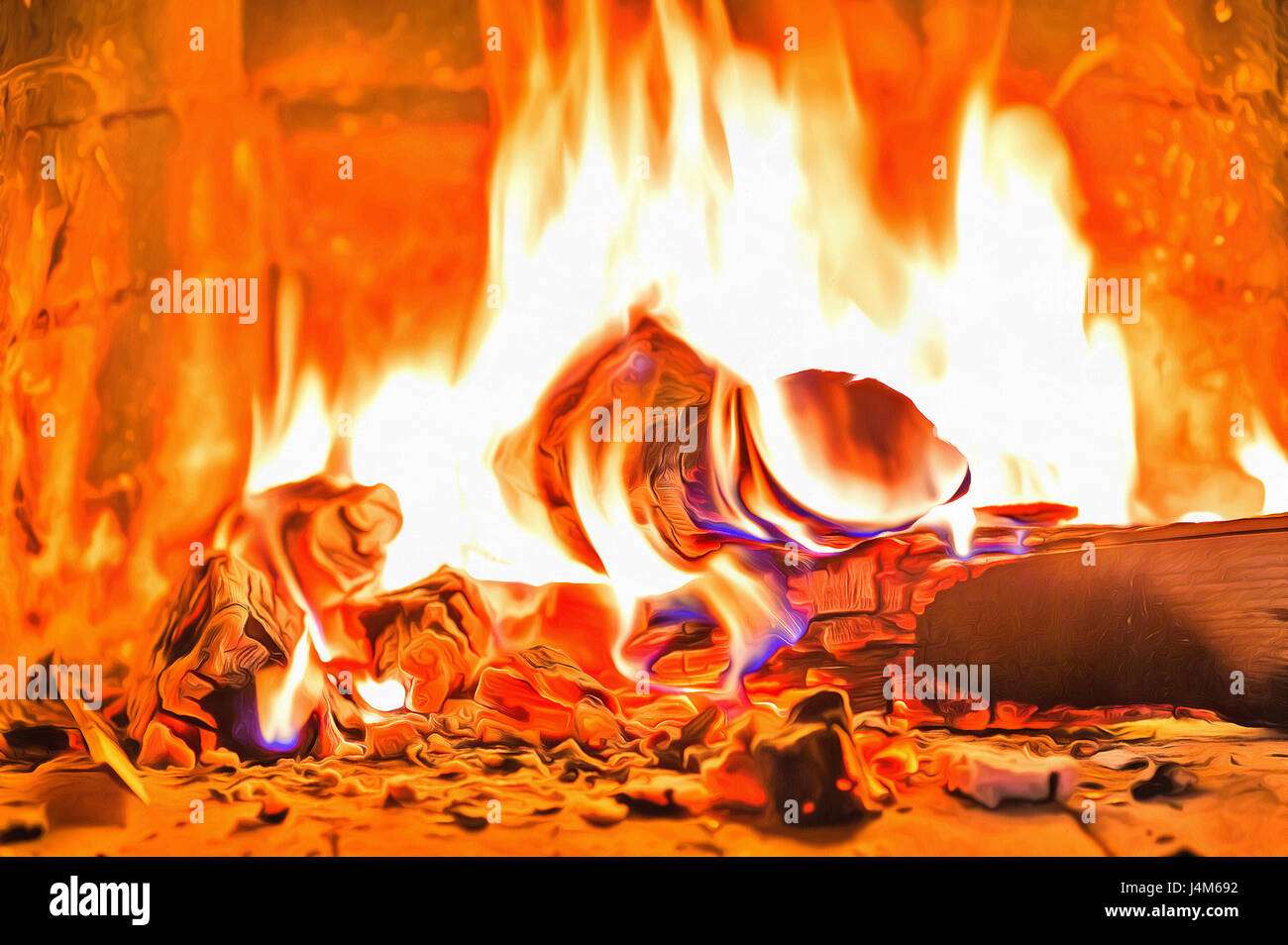 Colorful painting of firewood burning in fireplace interior fire red ...