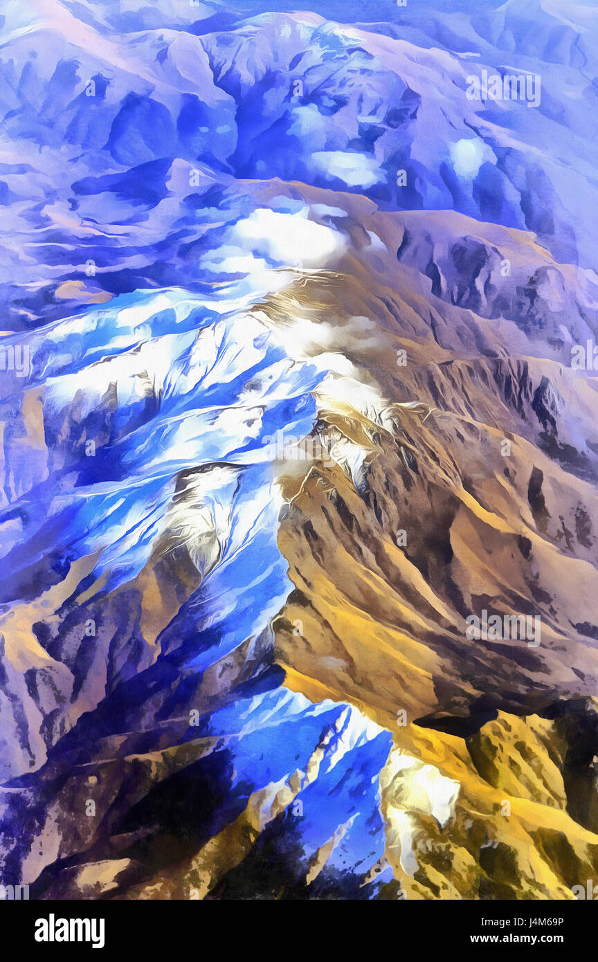 View of Caucasus mountains from airplane colorful painting, Armenia ...