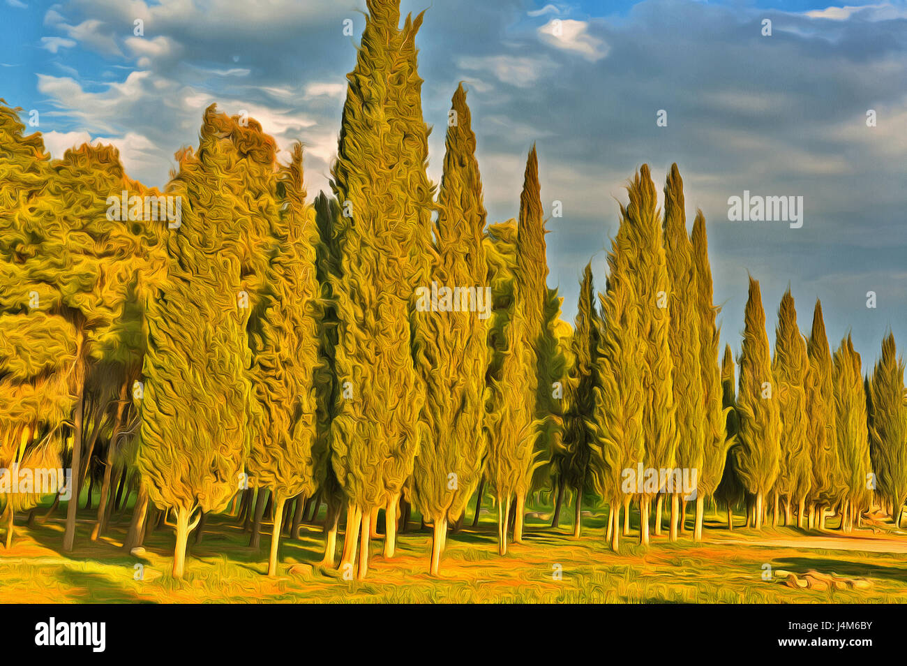 Colorful painting of beautiful landscape with cypress trees at sunny ...