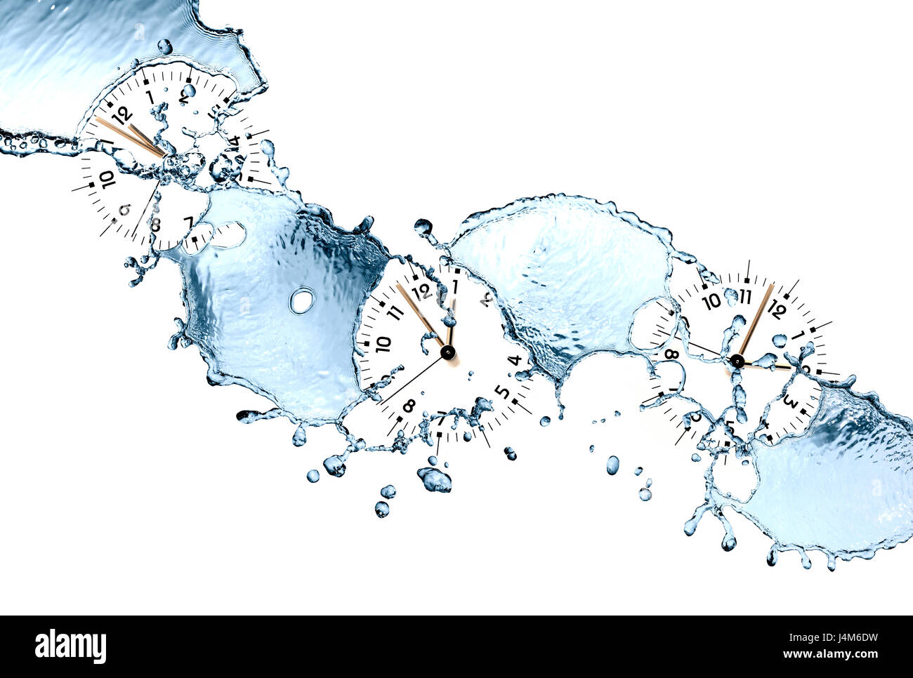 Time concept. Clock faces and abstract flowing water on white ...