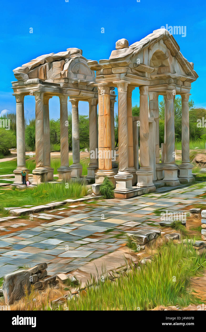 Colorful painting of Tetrapylon, ruins of ancient Aphrodisias, Aydin ...