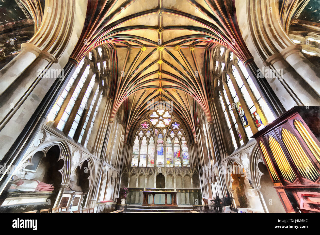 Colorful painting of Exeter Cathedral interior, Exeter, Devon, UK Stock ...