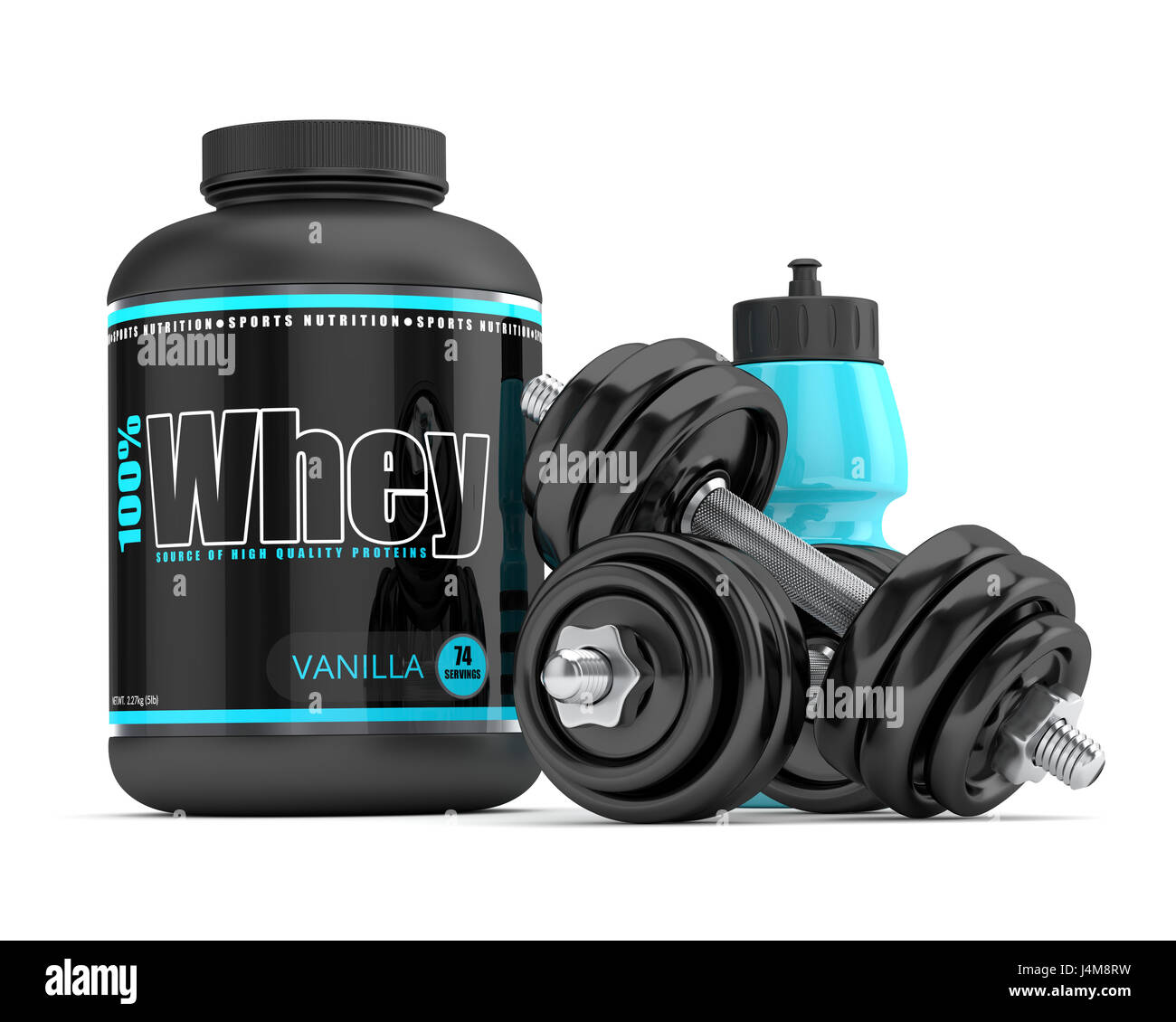 3d render of whey proteins with dumbbells and water bottle isolated on ...