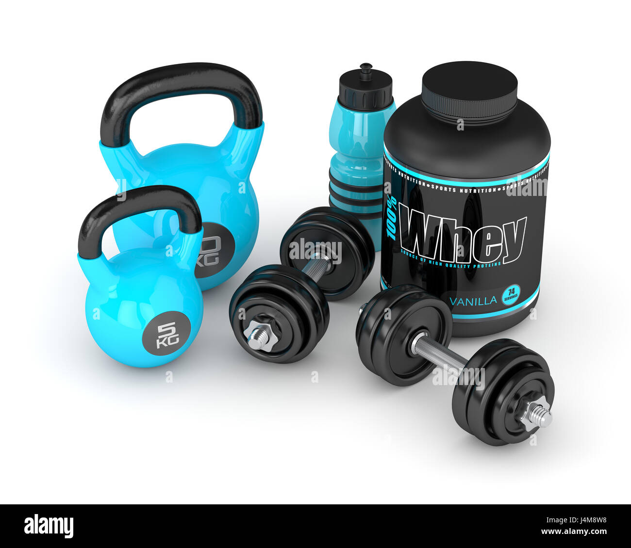 3d render of whey proteins with dumbbells, kettlebells and bottle ...