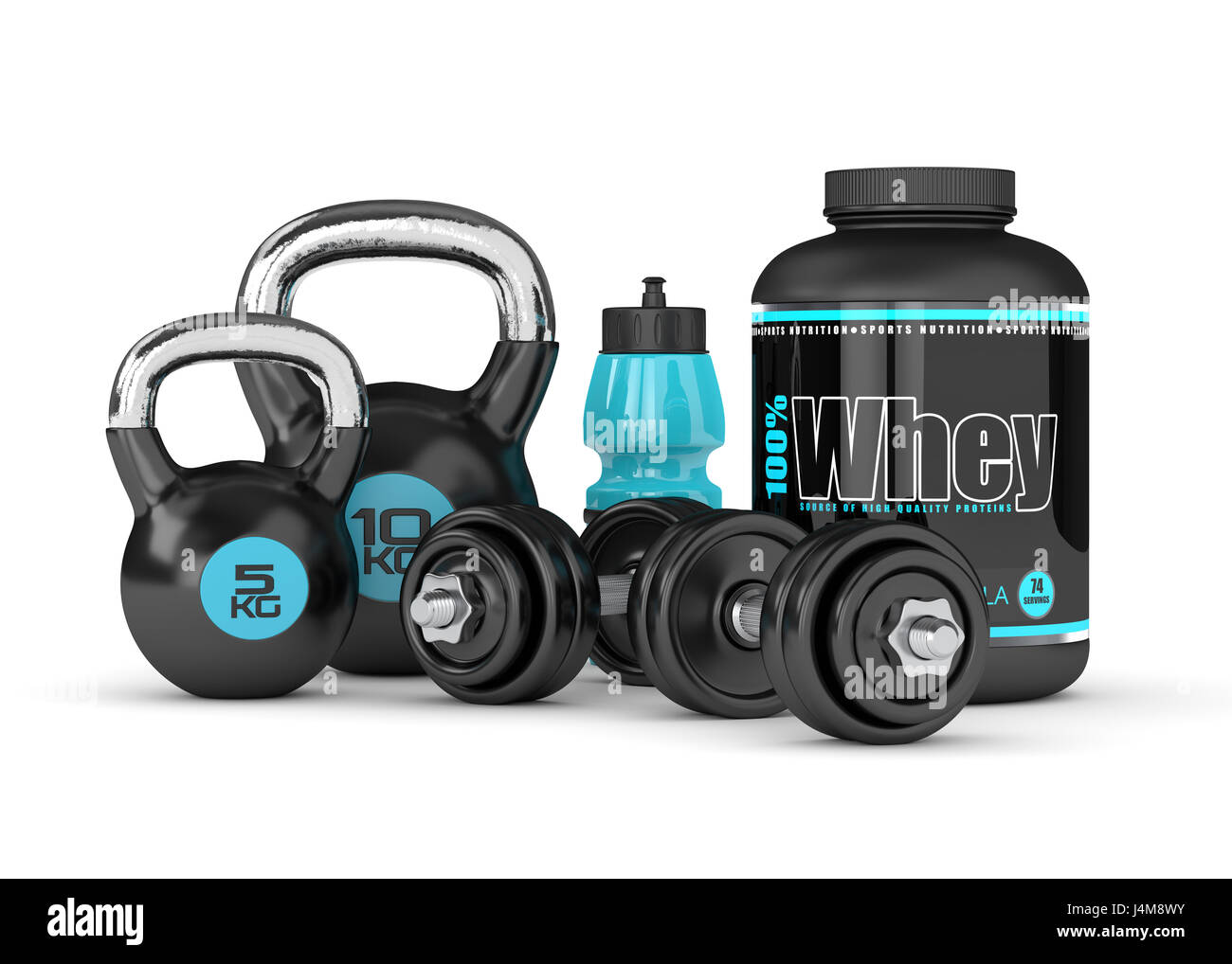 3d render of whey proteins with dumbbells, kettlebells and bottle ...