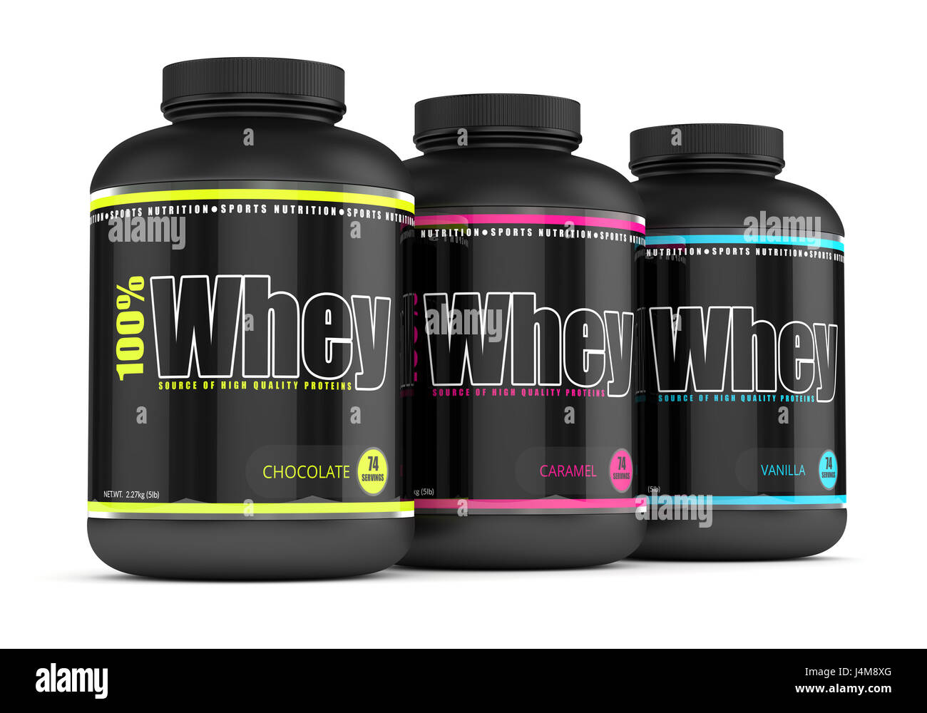 3d render of whey proteins in containers isolated on white background ...