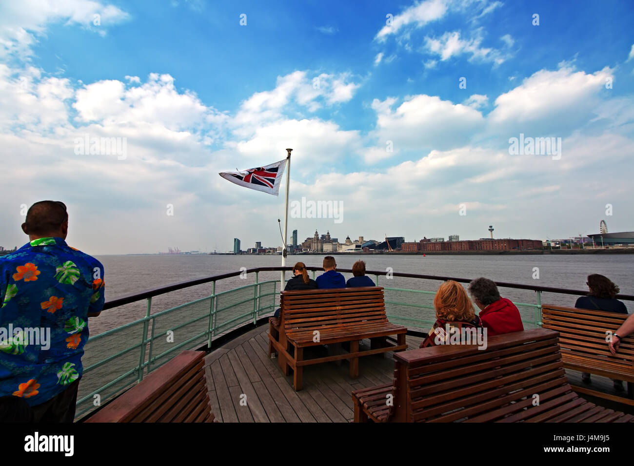 Onboard the Mersey Ferry with Liverpool waterfront buildings in the ...