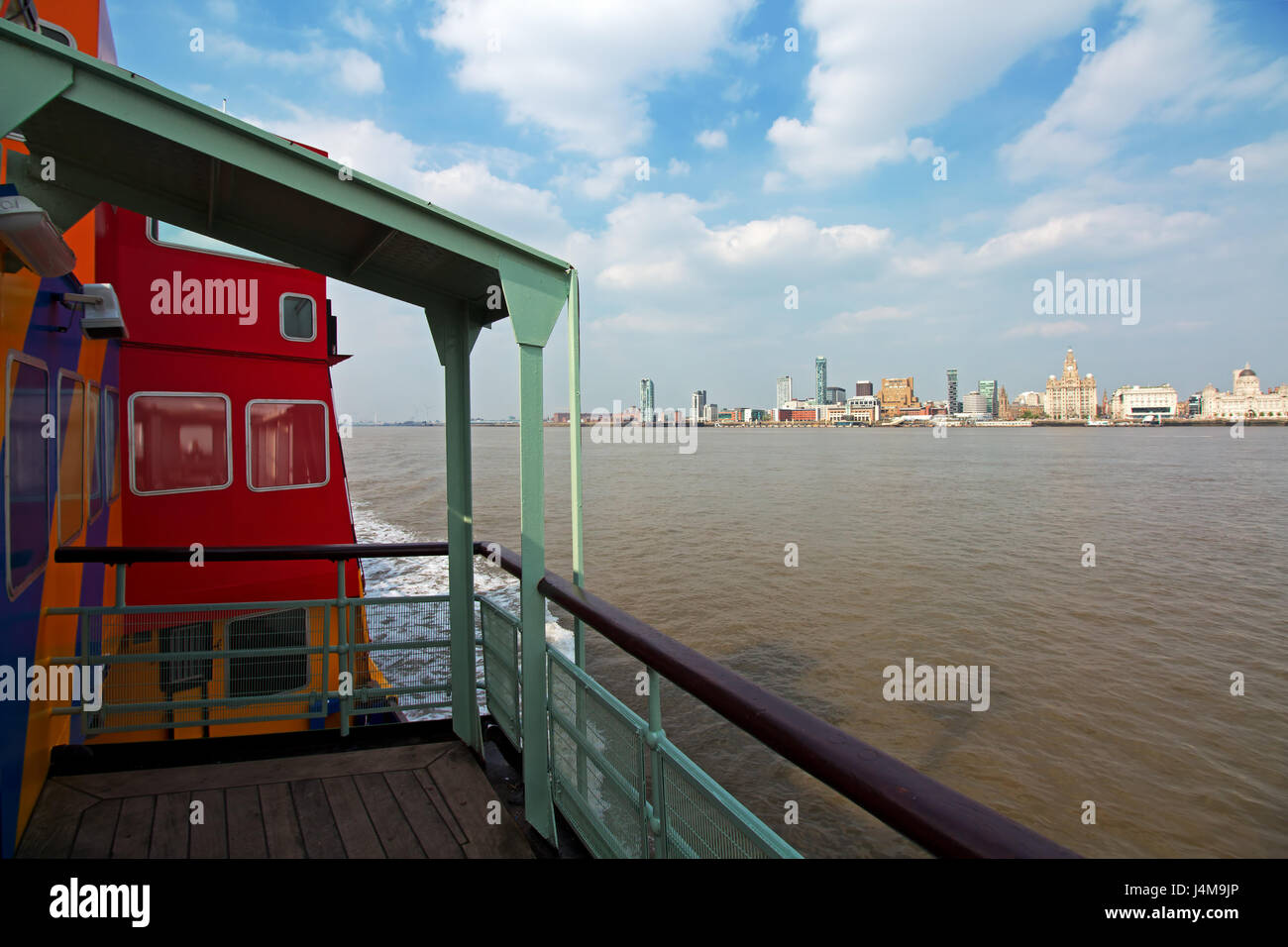 Onboard the Mersey Ferry with Liverpool waterfront buildings in the ...