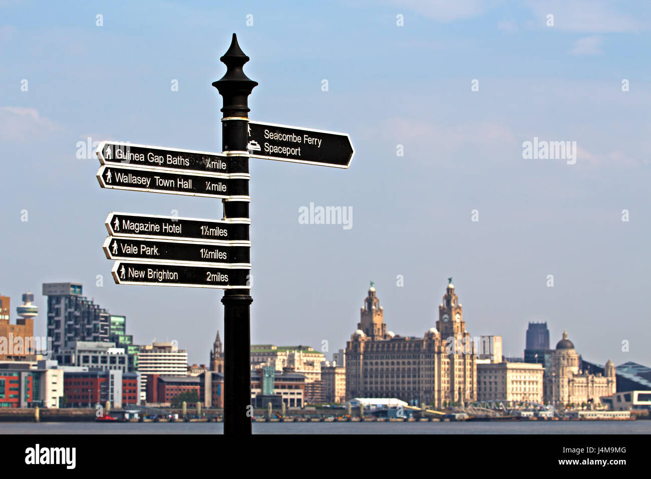 Signpost showing distances to various attractions on Seacombe promenade ...