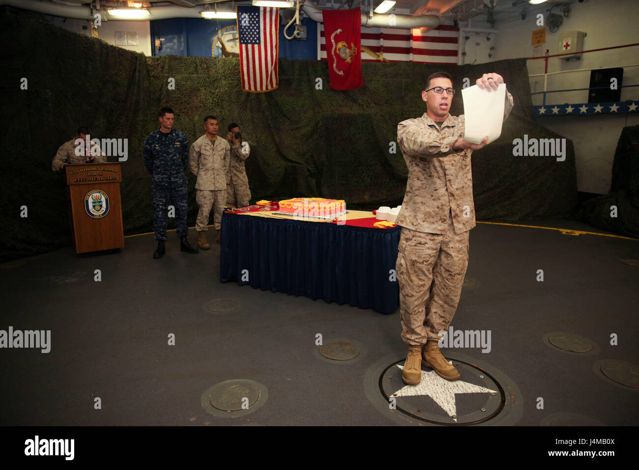 A U.S. Marine infantry platoon commander reads a birthday message ...