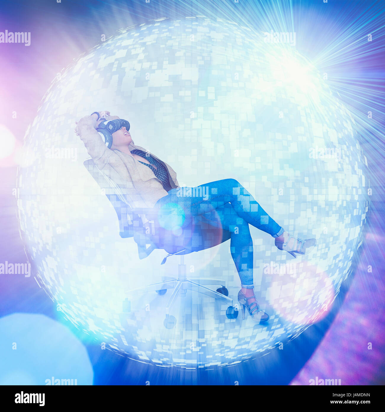Woman floating in sphere wearing virtual reality helmet Stock Photo - Alamy
