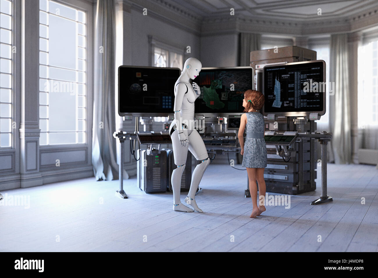 Woman robot and girl standing near computers Stock Photo - Alamy