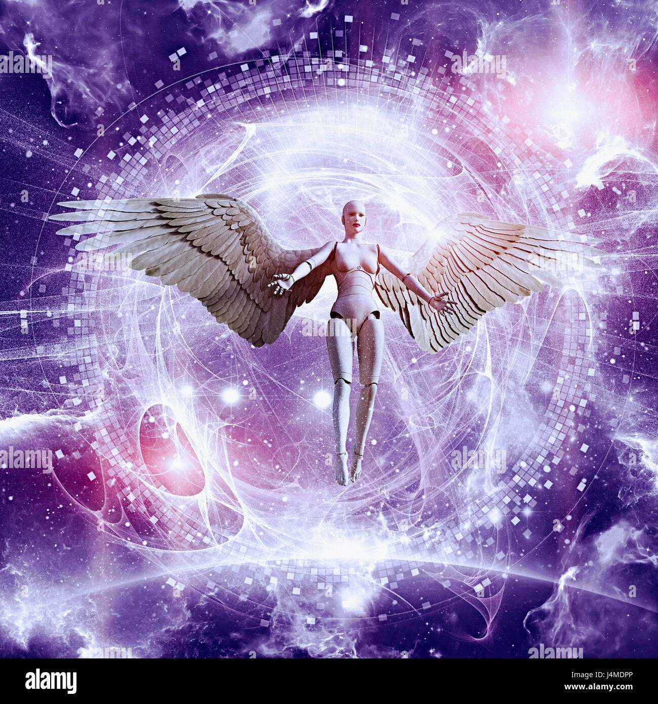Woman robot with angel wings flying in purple sky Stock Photo - Alamy