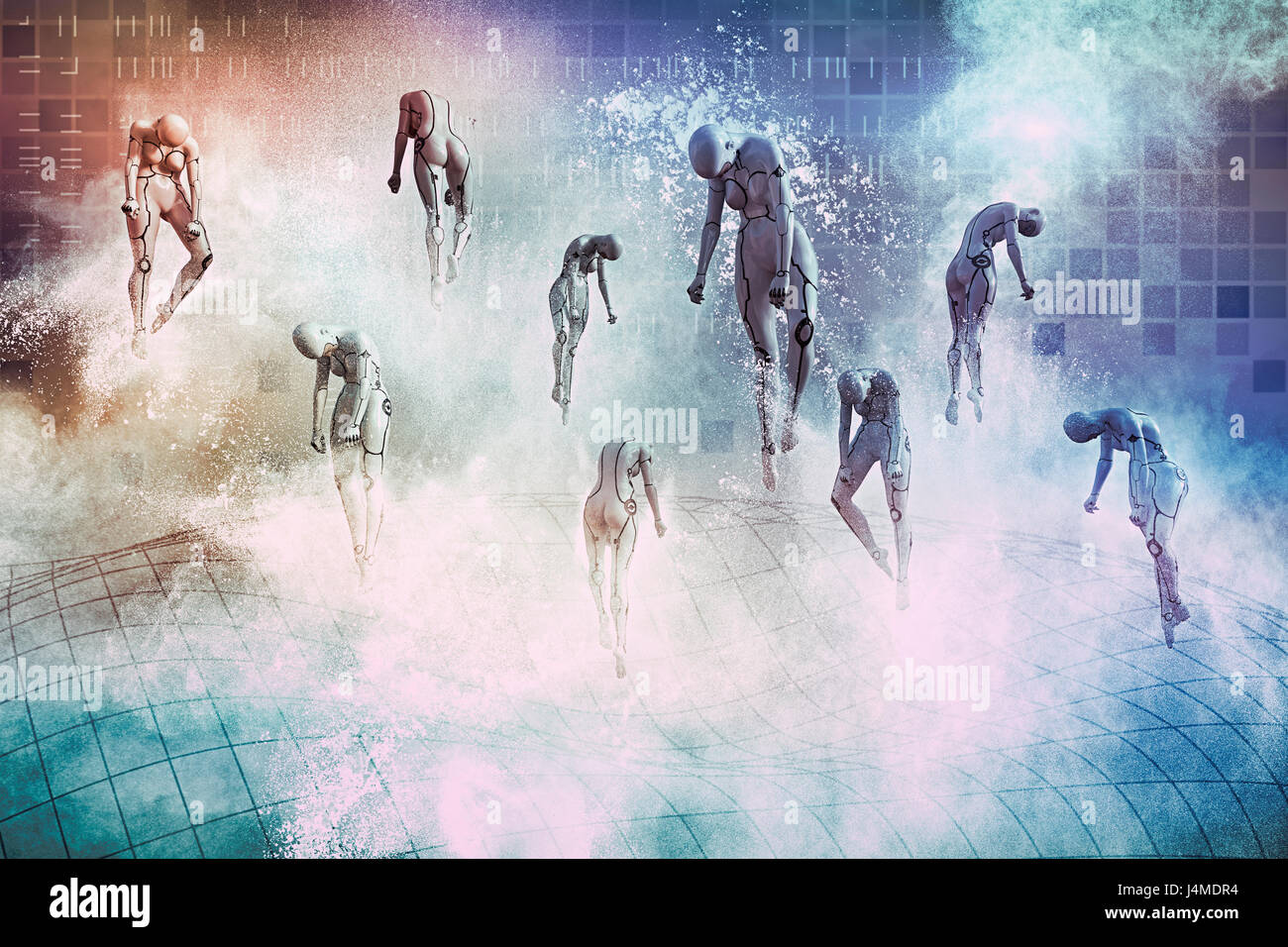Woman robots floating above grid Stock Photo - Alamy