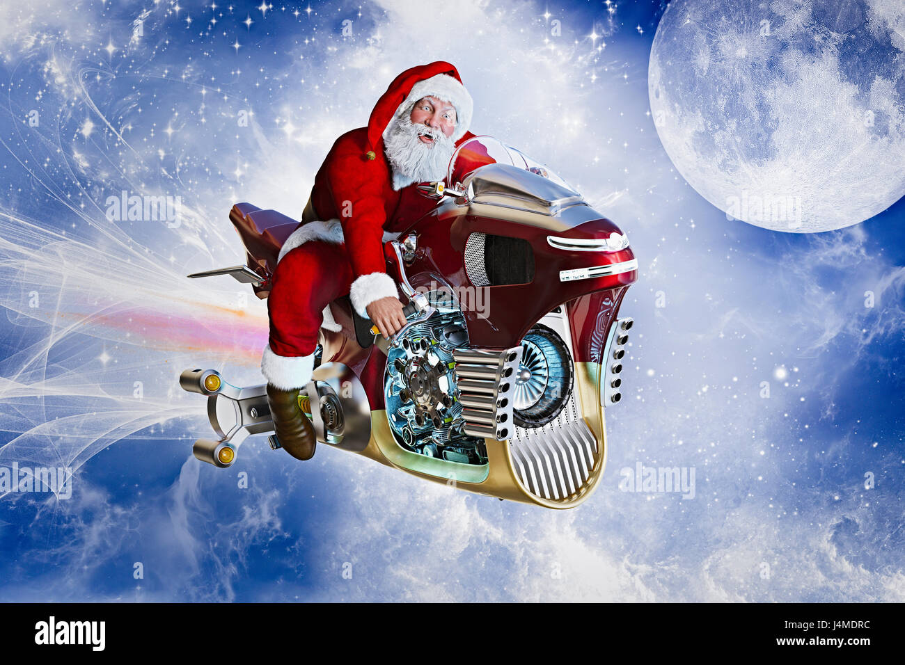 Santa flying in sky on futuristic motorcycle Stock Photo - Alamy