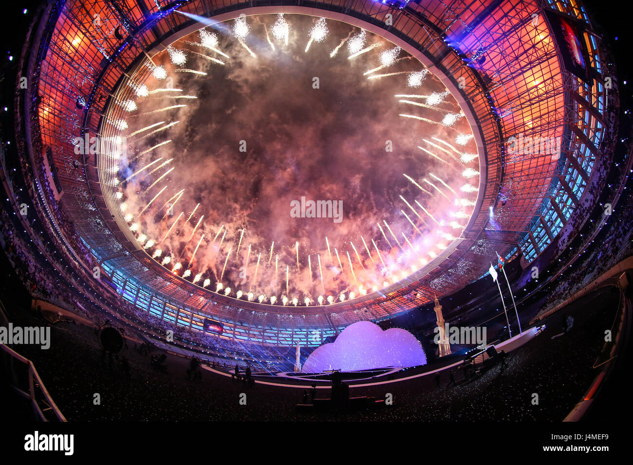 Baku, Azerbaijan. 13th May, 2017. Fireworks erupt over the stadium ...