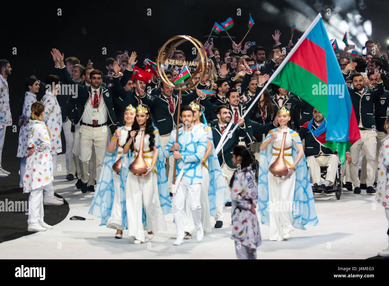 Baku, Azerbaijan. 12th May, 2017. The Azerbaijan team enter the stadium ...