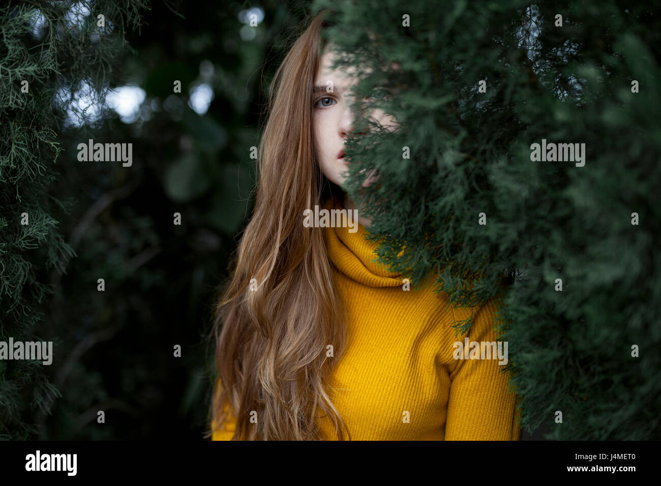 Serious Caucasian woman hiding behind tree Stock Photo - Alamy