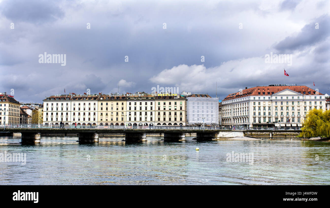 Geneva, Switzerland. April 13, 2016. View of the Mont Blanc bridge from ...