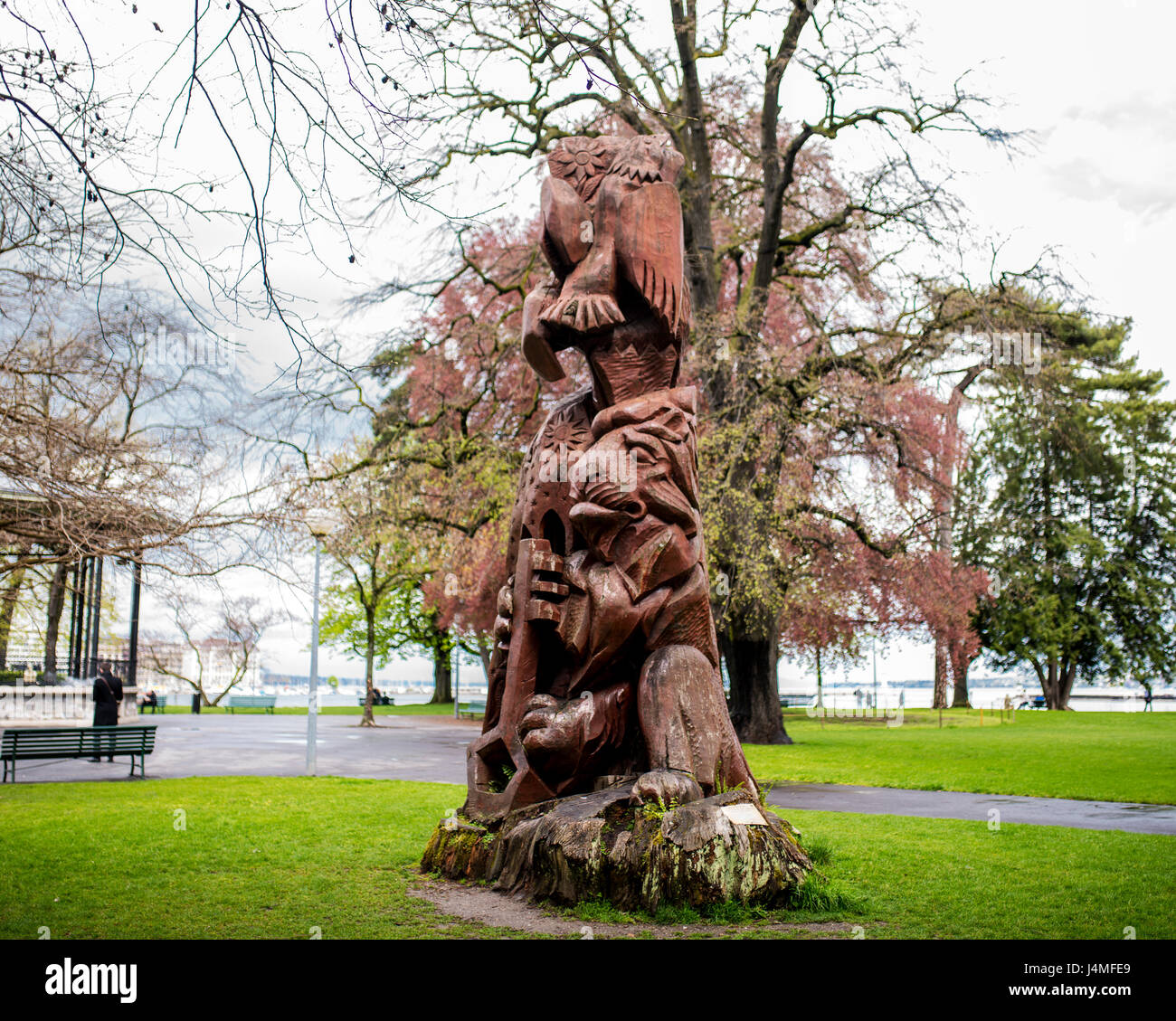 Geneva, Switzerland. April 13, 2016. statue with the symbols of Geneva ...