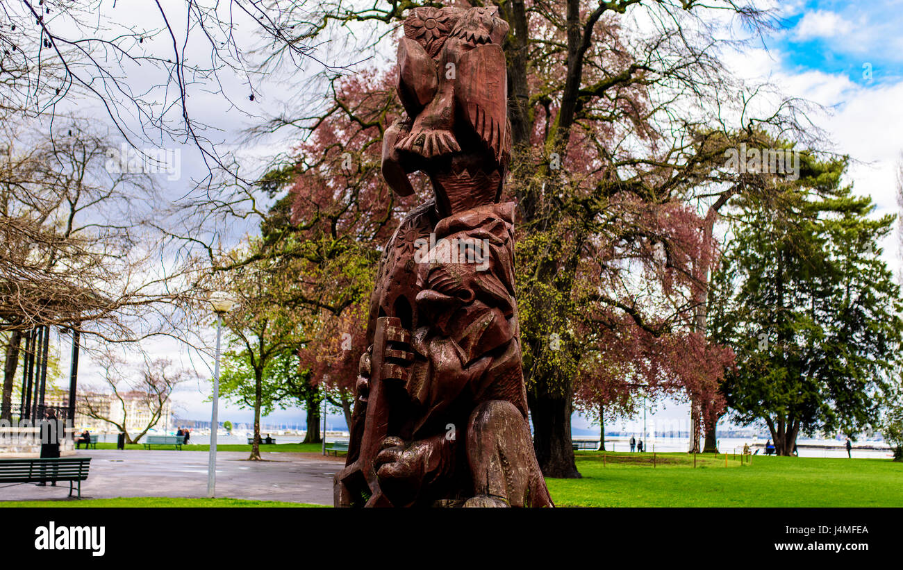 Geneva, Switzerland. April 13, 2016. statue with the symbols of Geneva ...