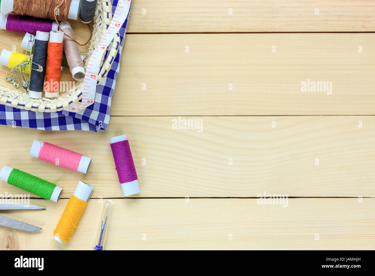 Top view tailor items on wooden background with copy space Stock Photo ...