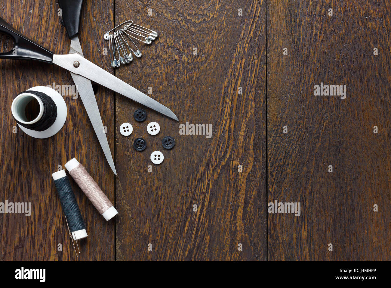 Top view tailor items on wooden background with copy space Stock Photo ...