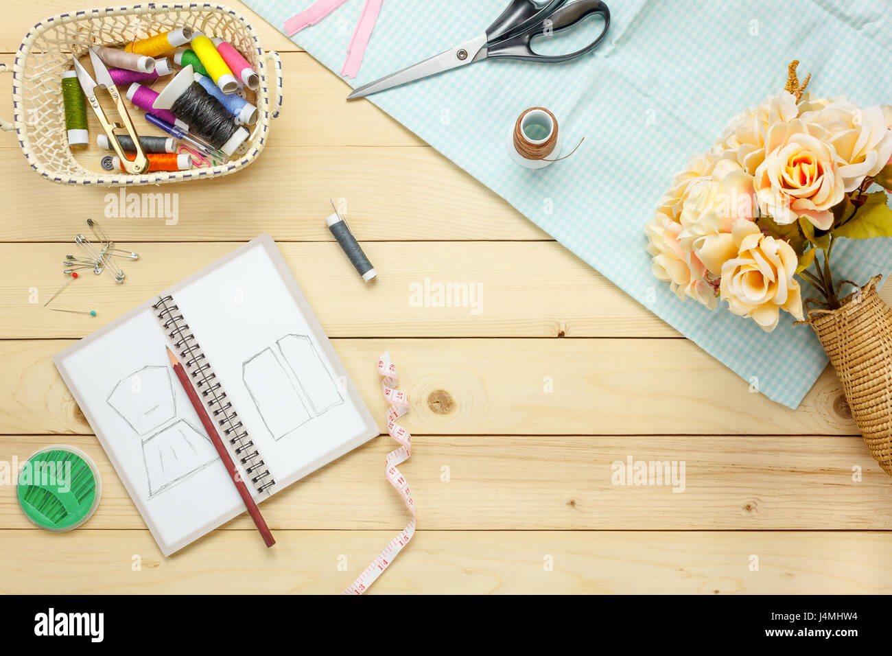 Top view tailor items on wooden background with copy space Stock Photo ...