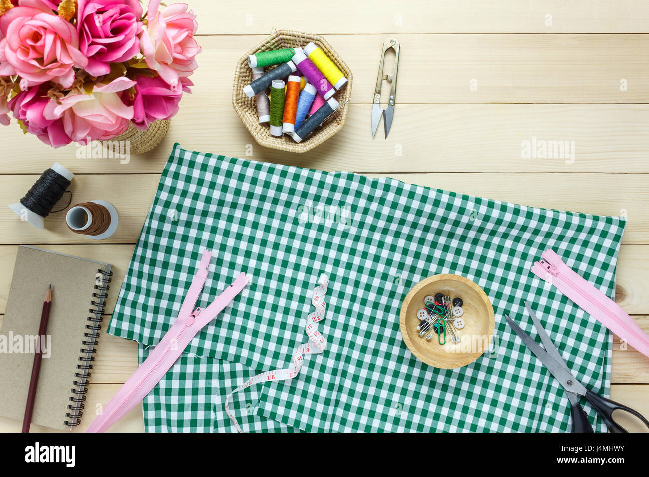 Top view tailor items on wooden background with copy space Stock Photo ...