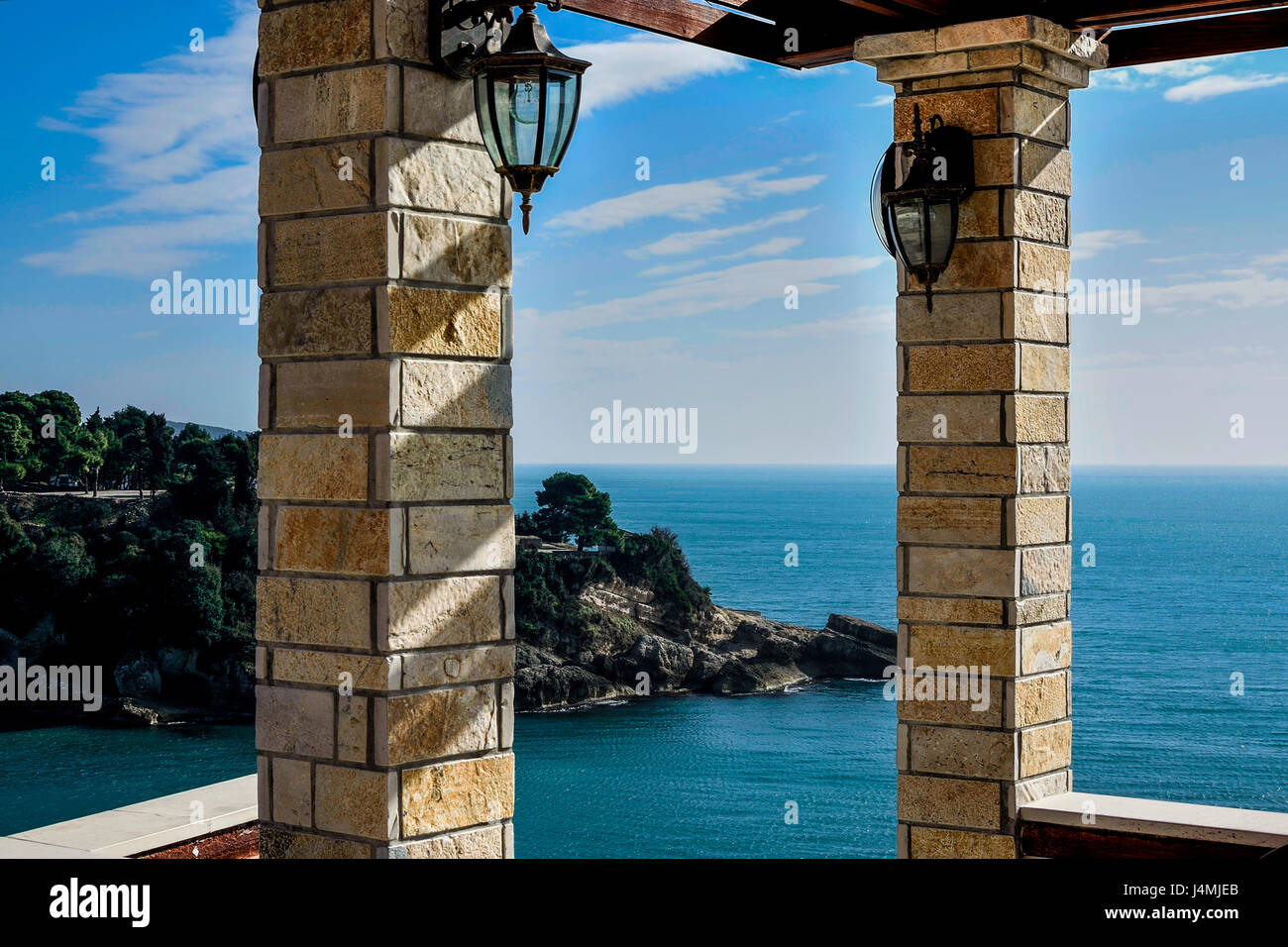 Sea view from the terrace with stone pilllars Stock Photo - Alamy