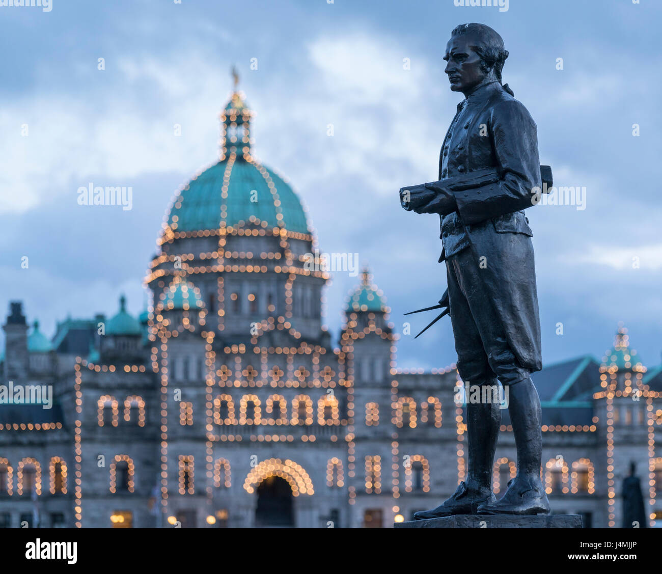 The statue of Captain James Cook at the harbour in Victoria, British ...