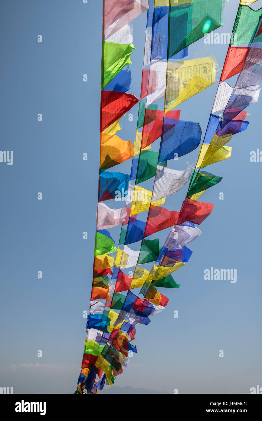 Colorful prayer flag mountain near ancient and holy Namobuddha ...