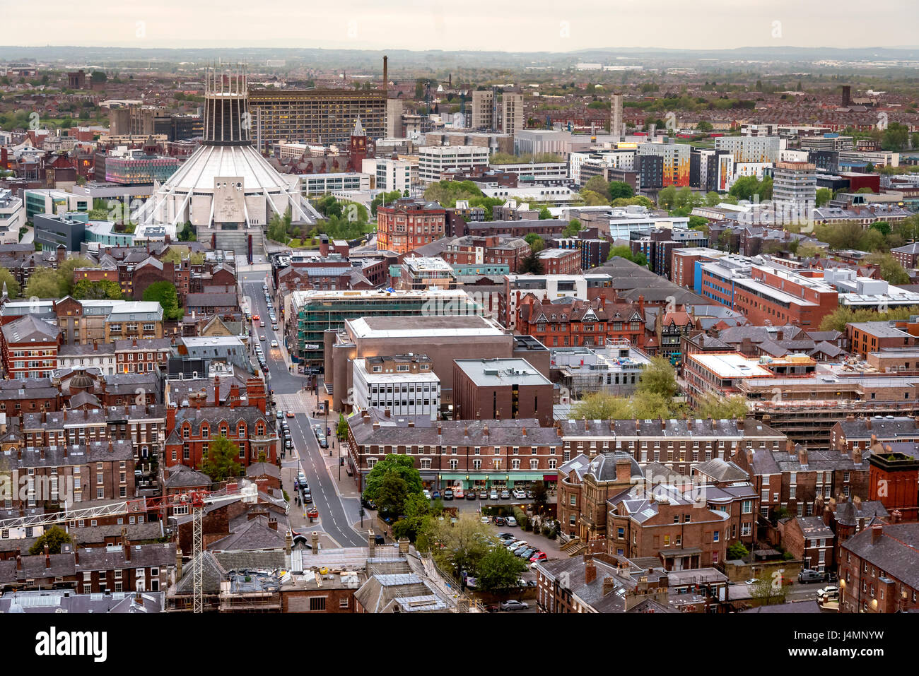 Aerial view with famous Roman Catholic Liverpool Metropolitan Cathedral ...