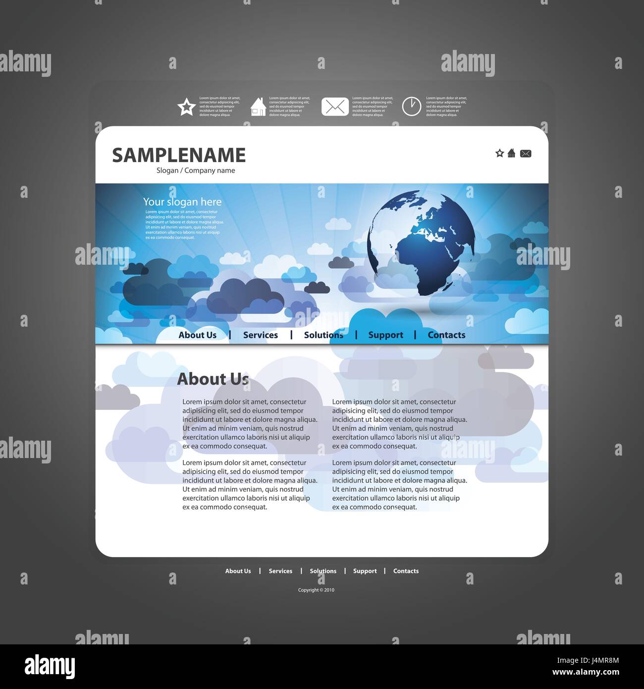 Blue Website Design Template with Clouds and Earth Globe Design in ...
