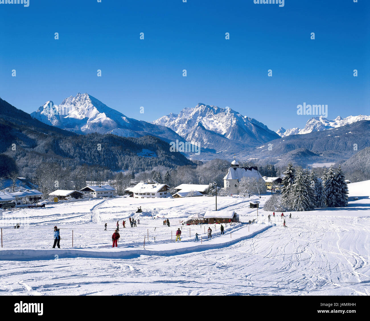 Germany, Berchtesgadener country, Oberau, local view, ski runway, skier ...