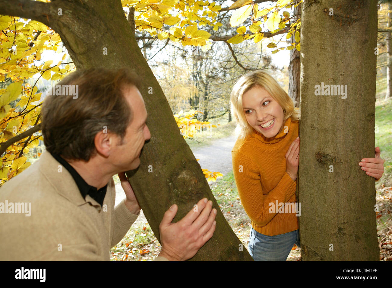 Wood, couple, walk, trunks, happily, melted, autumn partnership ...