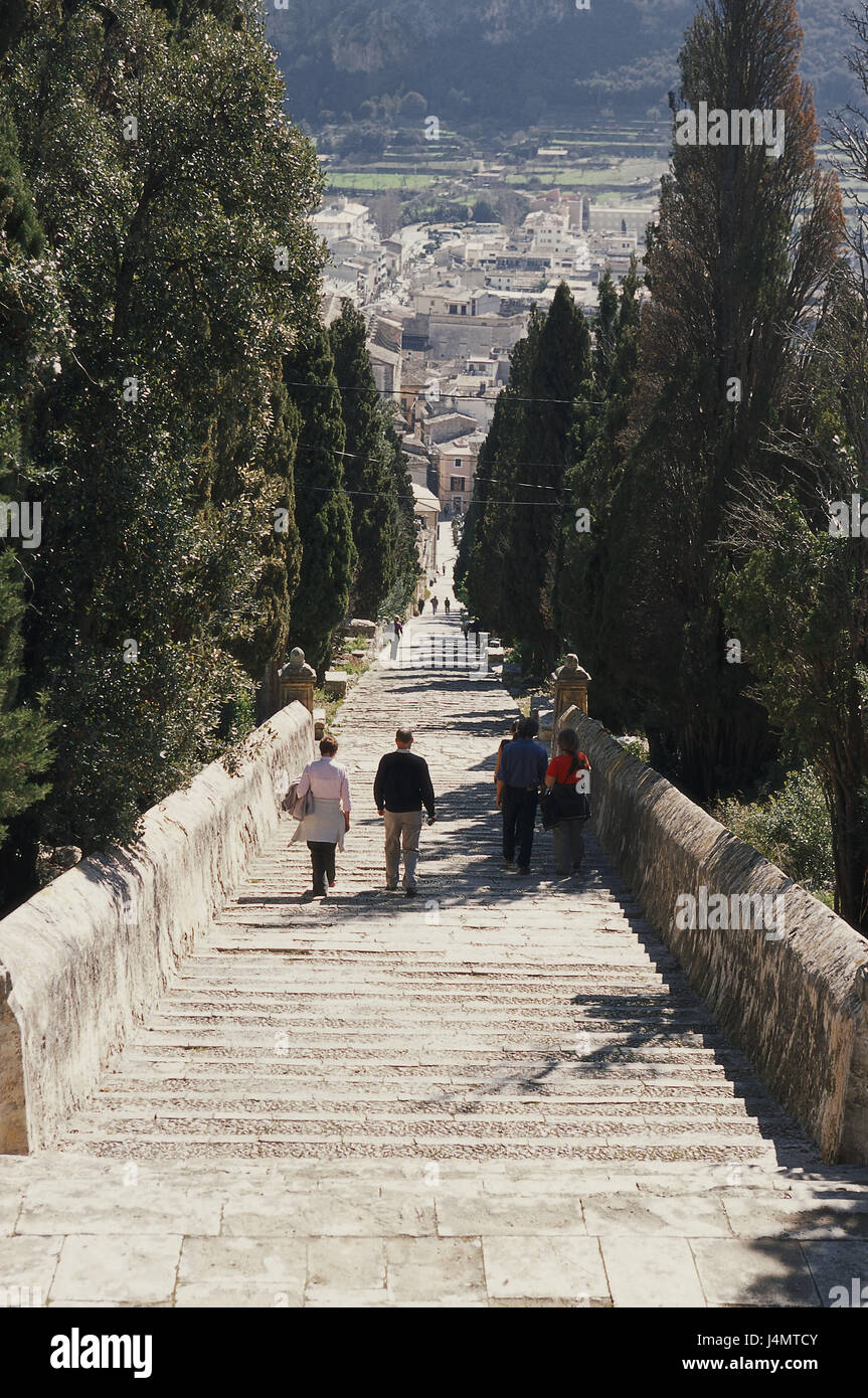 Spain, Majorca, Pollenca, Calvary, stairs, tourists, back view, town ...